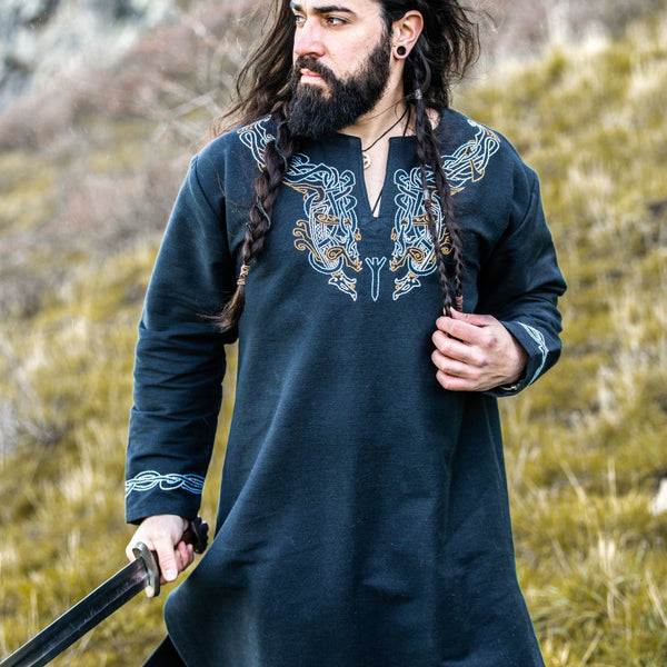 Black Viking Tunic with Hand Embroidered Urnes-Style Design | Medieval ...