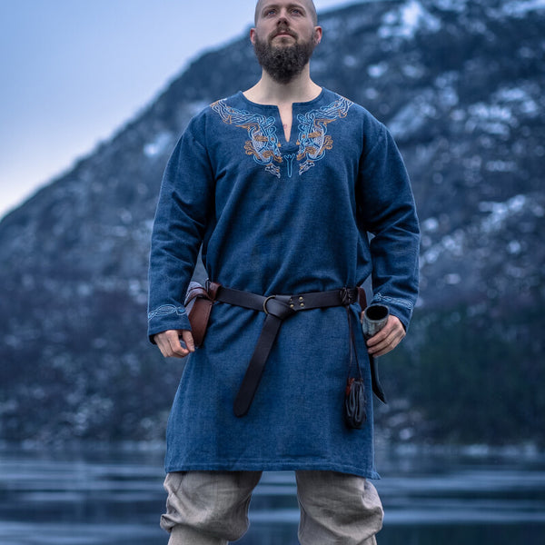 Blue Viking Tunic with Embroidered Urnes-Style Design | Medieval – Sons ...