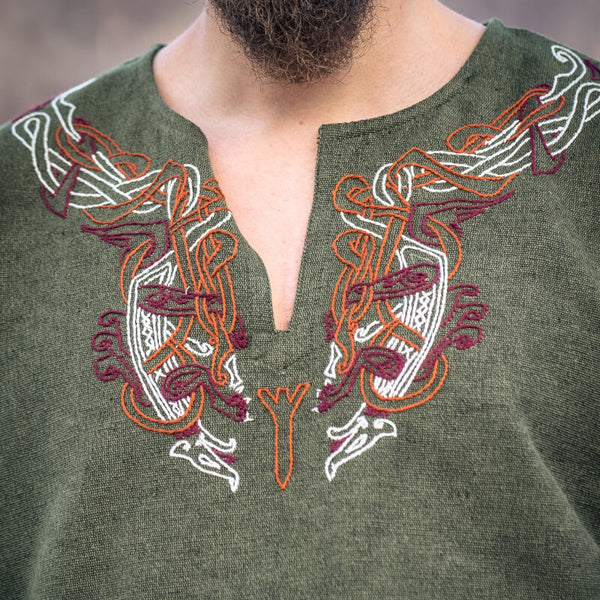 Green Viking Tunic with Hand Embroidered Urnes-Style Design | Medieval ...