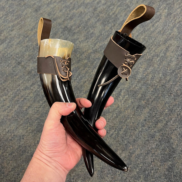 Drinking Horn w/ Leather Horn Holder Holster Viking Horns 8-12 ounces ...