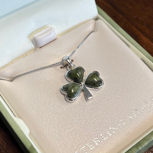 Sterling Silver and Connemara Marble Shamrock Necklace | 3-Leaf Clover ...
